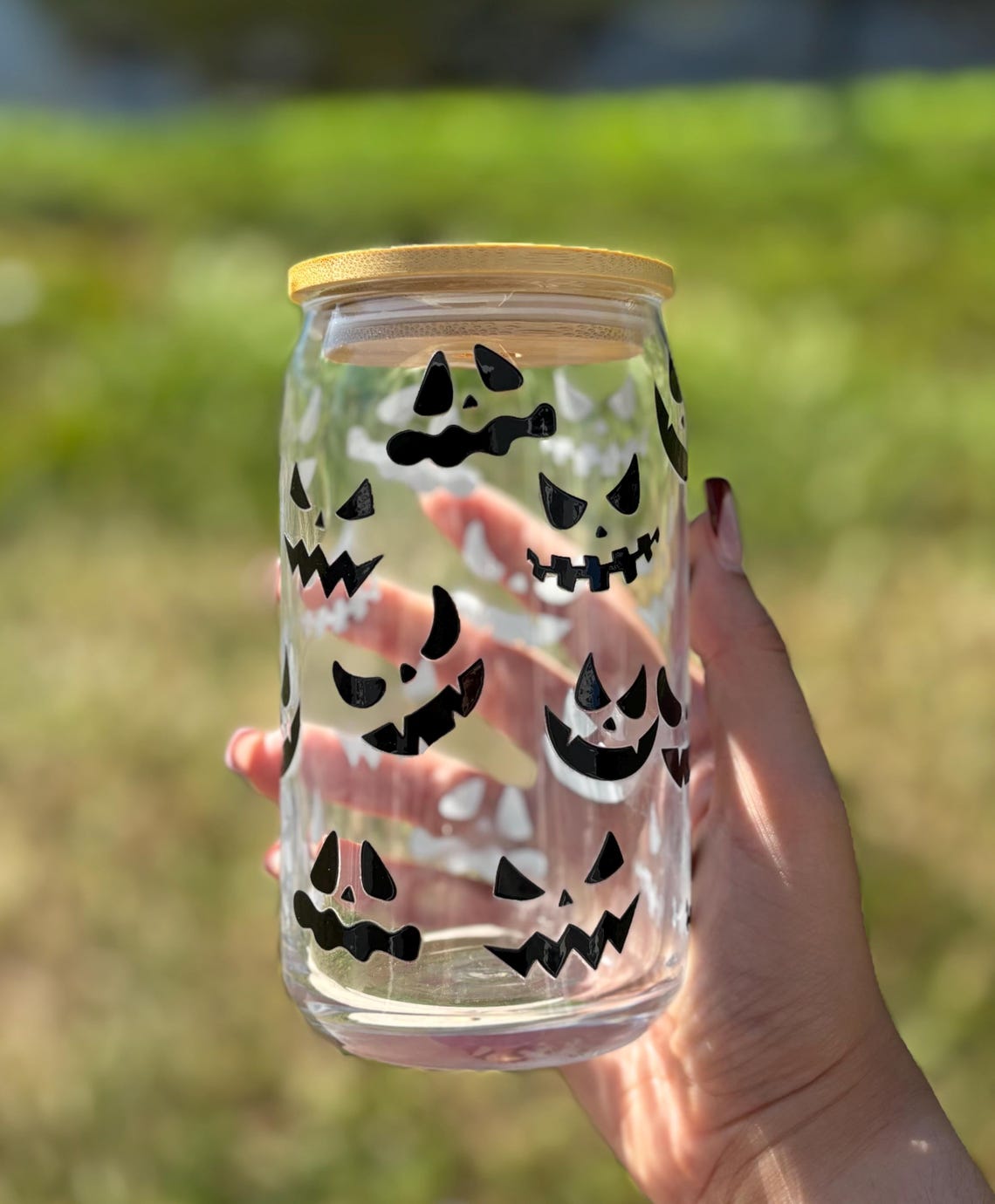 Pumpkin Face Glass Cup, Halloween Tumbler Drinkware, Spooky Fall Cup ...