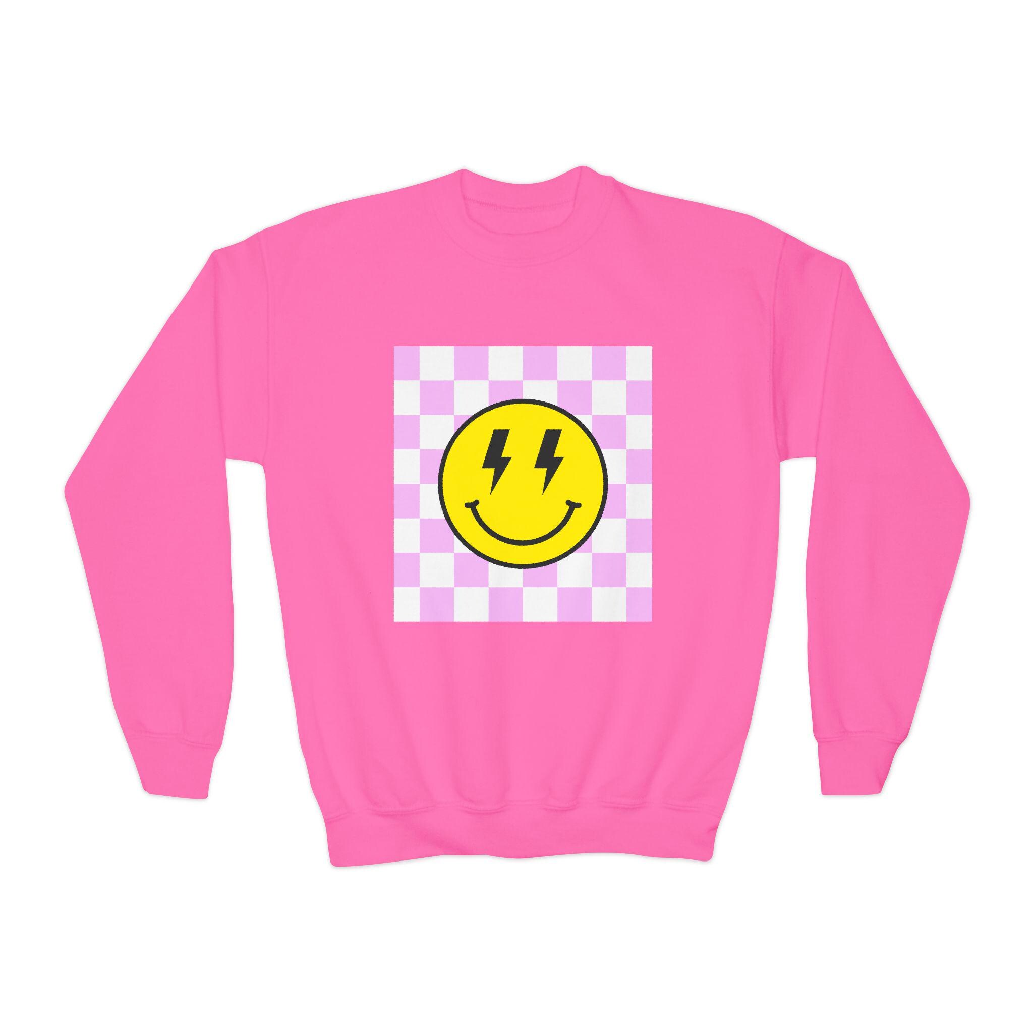 Smiley Face Lightning Bolt Youth Crewneck Sweatshirt, Trendy Checkered ...