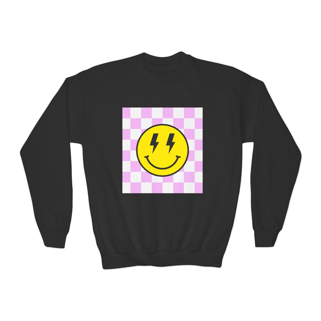Smiley Face Lightning Bolt Youth Crewneck Sweatshirt, Trendy Checkered ...