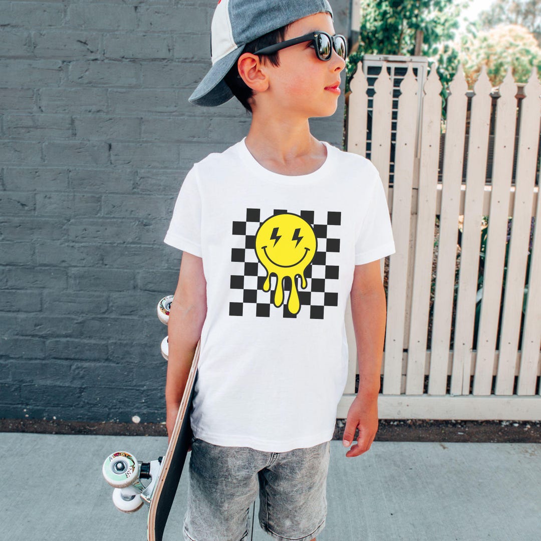 Melting Smiley Face Youth Tee: Checkered Print, Lightning Bolt Eyes - Etsy
