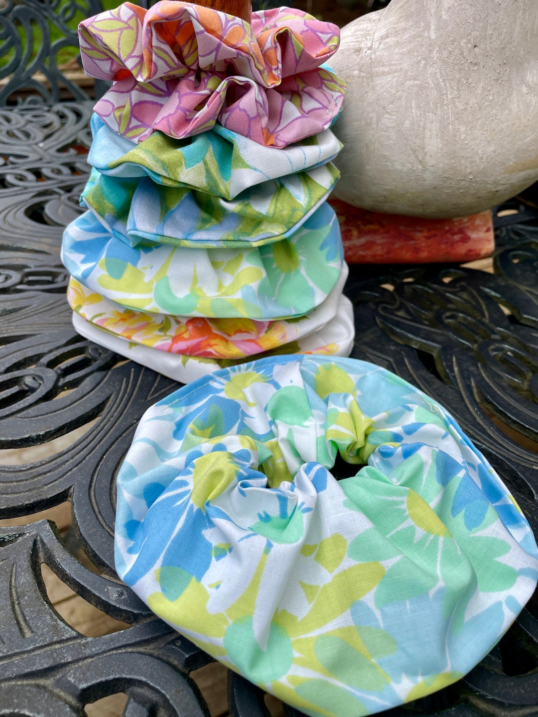 Scrunchies, Retro Fabrics, Three Sizes, Retro Floral Patterns, Blue and ...