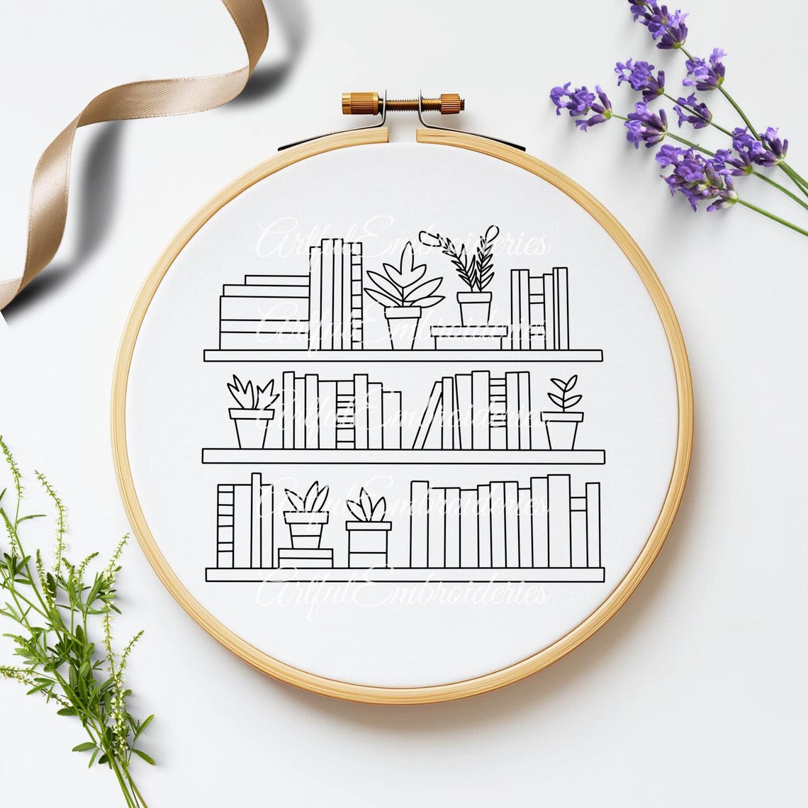 Bookshelf Embroidery Pattern: Books & Plants Design (PDF Pattern) - Etsy