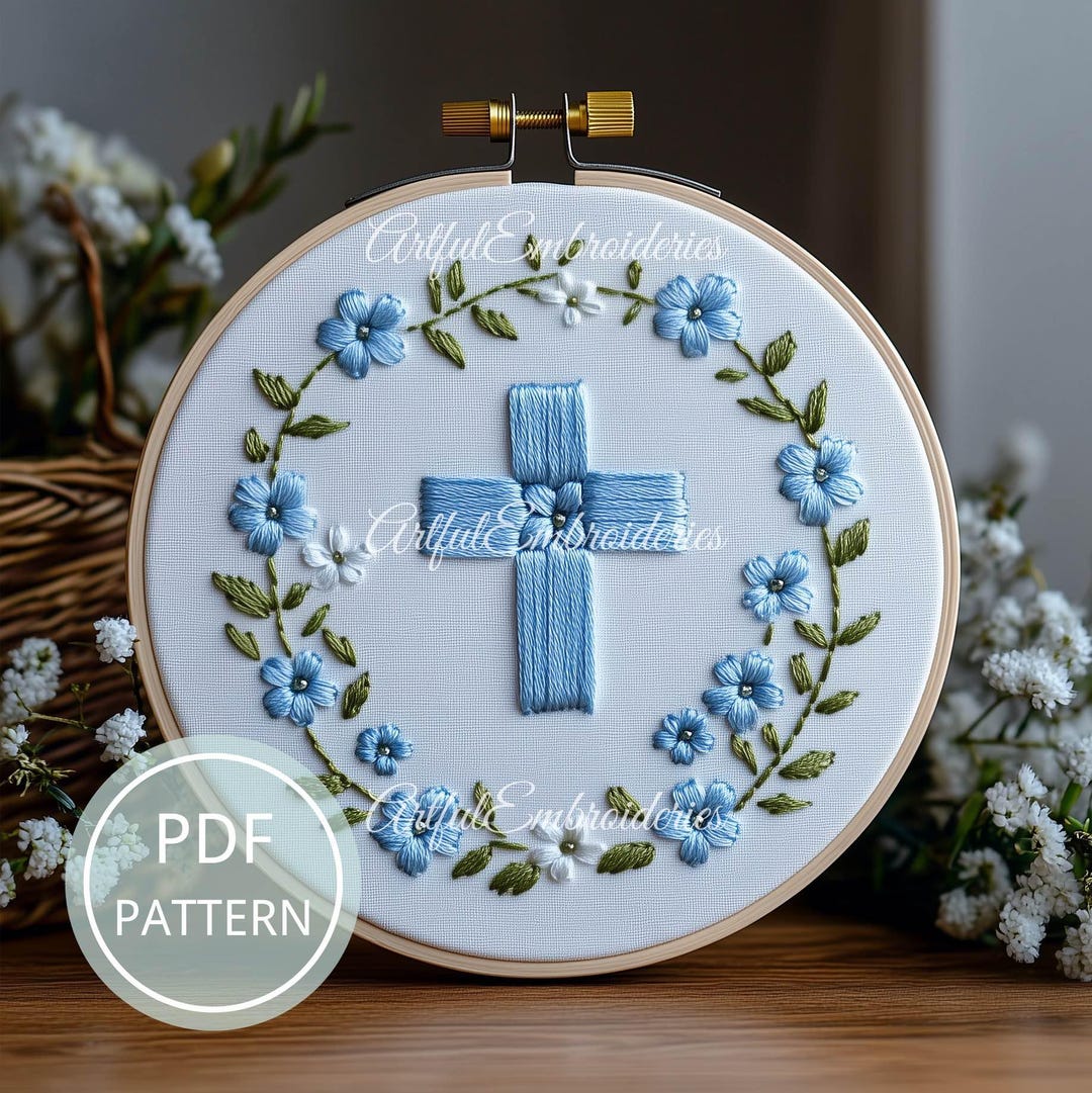 Floral Cross Embroidery Pattern: Blue Wreath Design (PDF Download) - Etsy