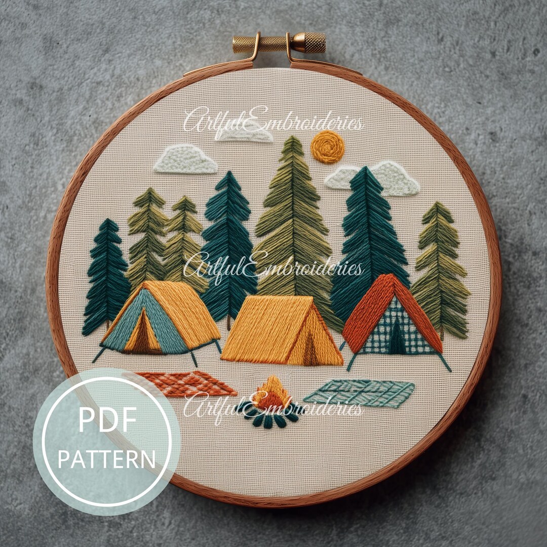 Camping Hand Embroidery Pattern, Pine Forest, Tent, Campfire, PDF Files ...