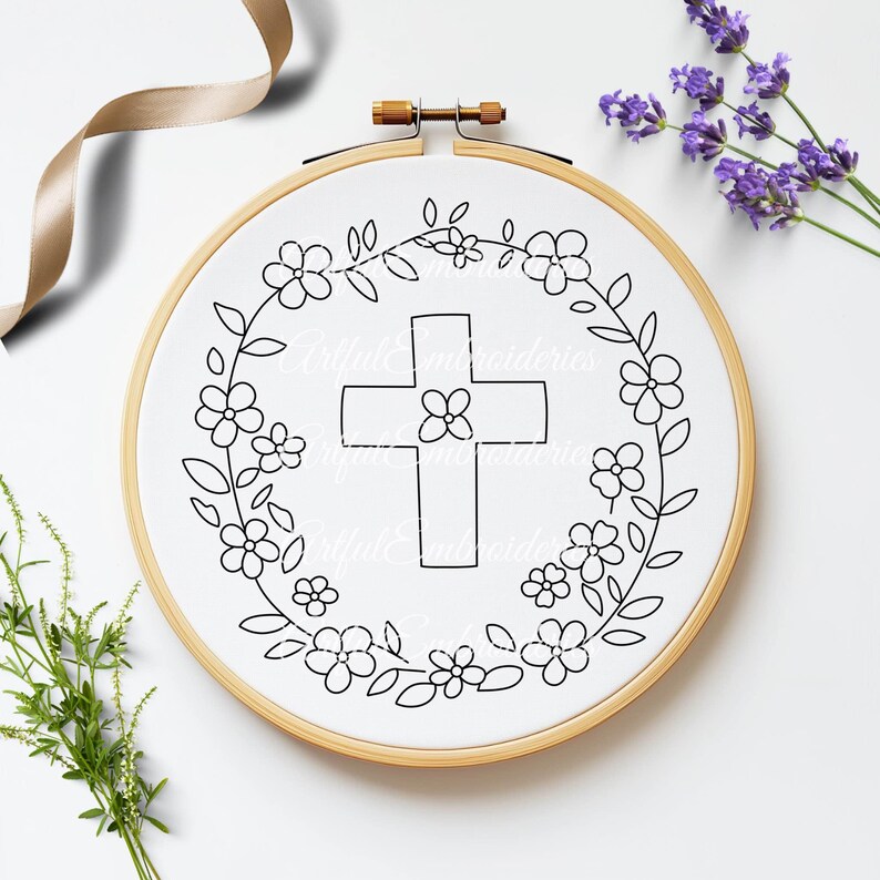 Floral Cross Embroidery Pattern: Blue Wreath Design (PDF Download) - Etsy