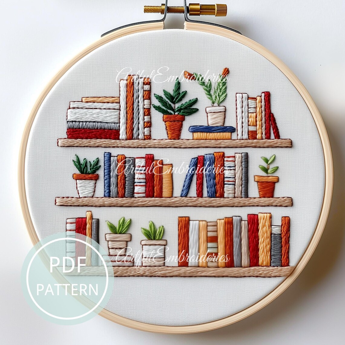 Bookshelf Embroidery Pattern: Books & Plants Design (PDF Pattern) - Etsy