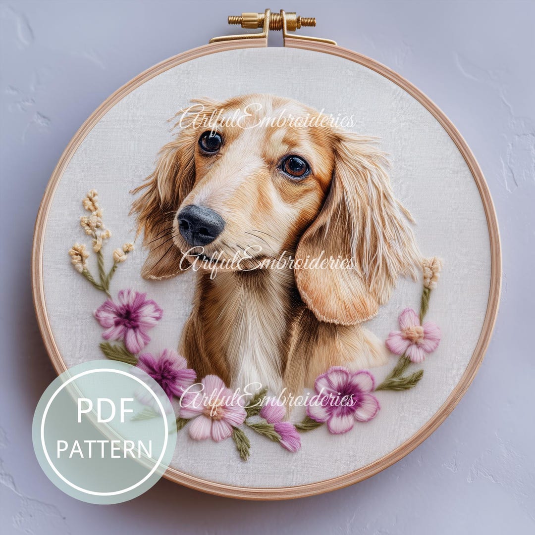 Long-haired Dachshund Hand Embroidery Pattern, Pet Embroidery，dog ...