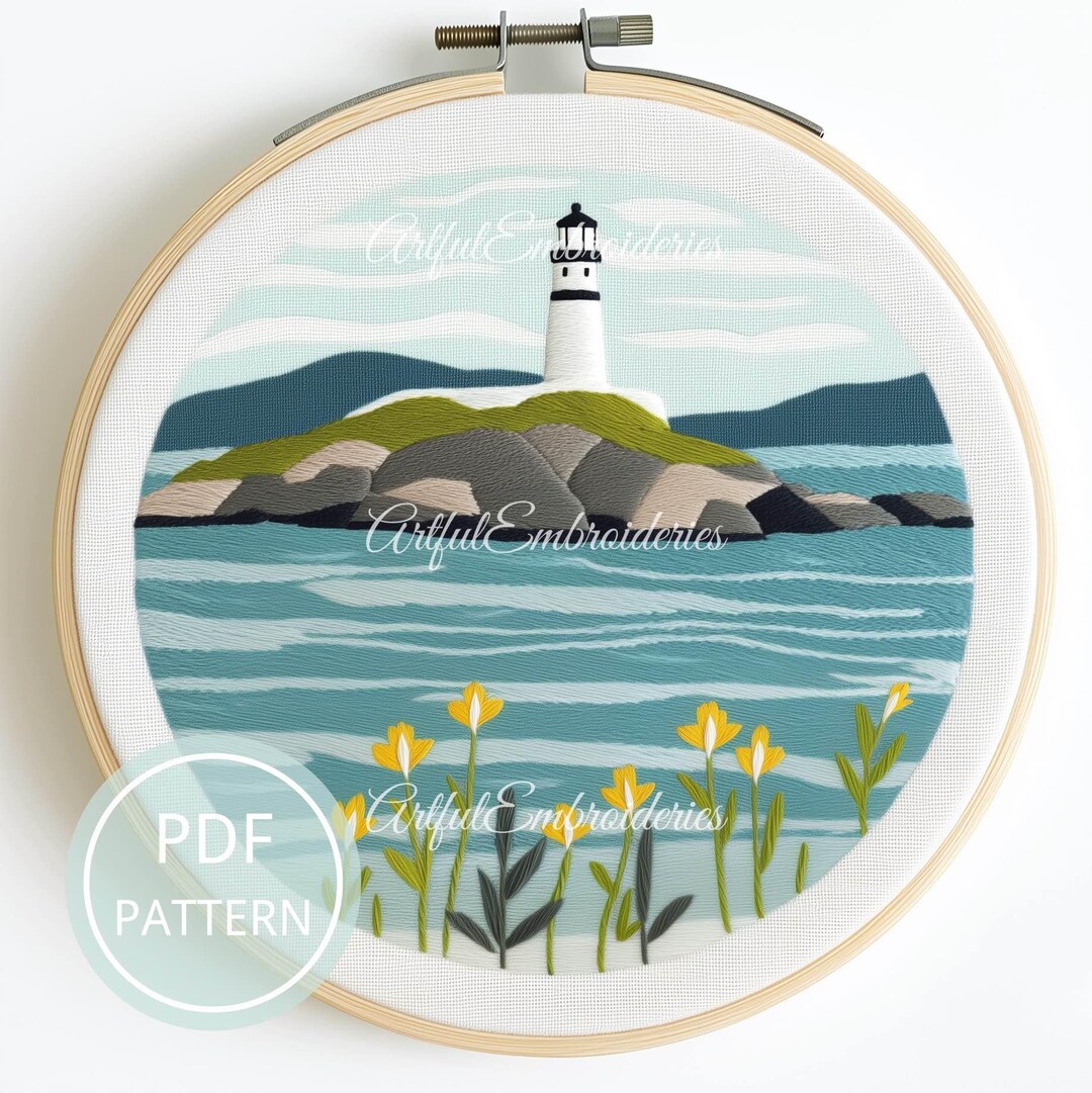 Lighthouse Embroidery Pattern: Island Seascape Design (PDF Download) - Etsy