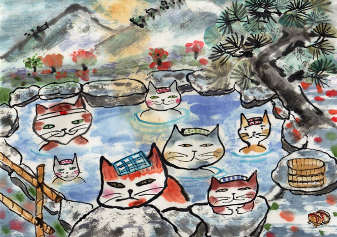 Cat Art Print Hot Springs Cats - Etsy