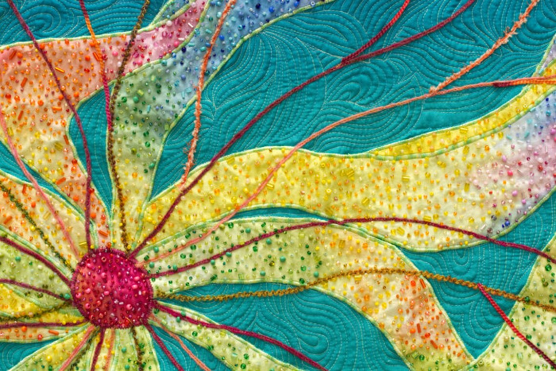 Yellow, Pink and Blue Beaded Art Quilt, Hand Dyed Textile Art - Etsy