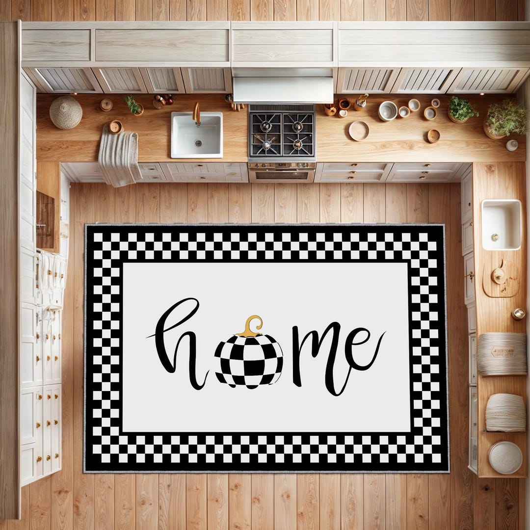 Black and White Checkered Kitchen Rug With home Text, Washable Non-slip ...