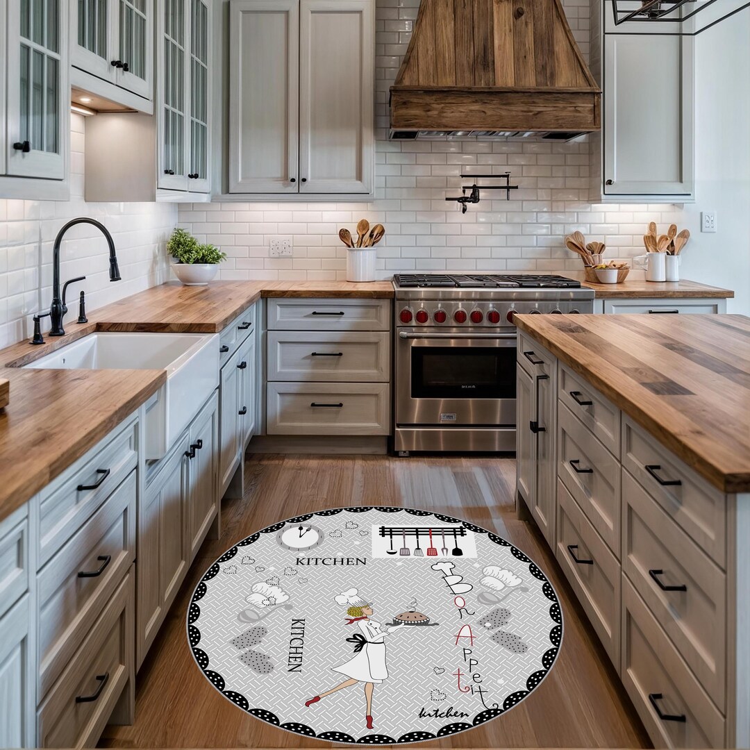 Grey Kitchen Rug With Cooking Woman Design, Non-slip Washable Kitchen ...