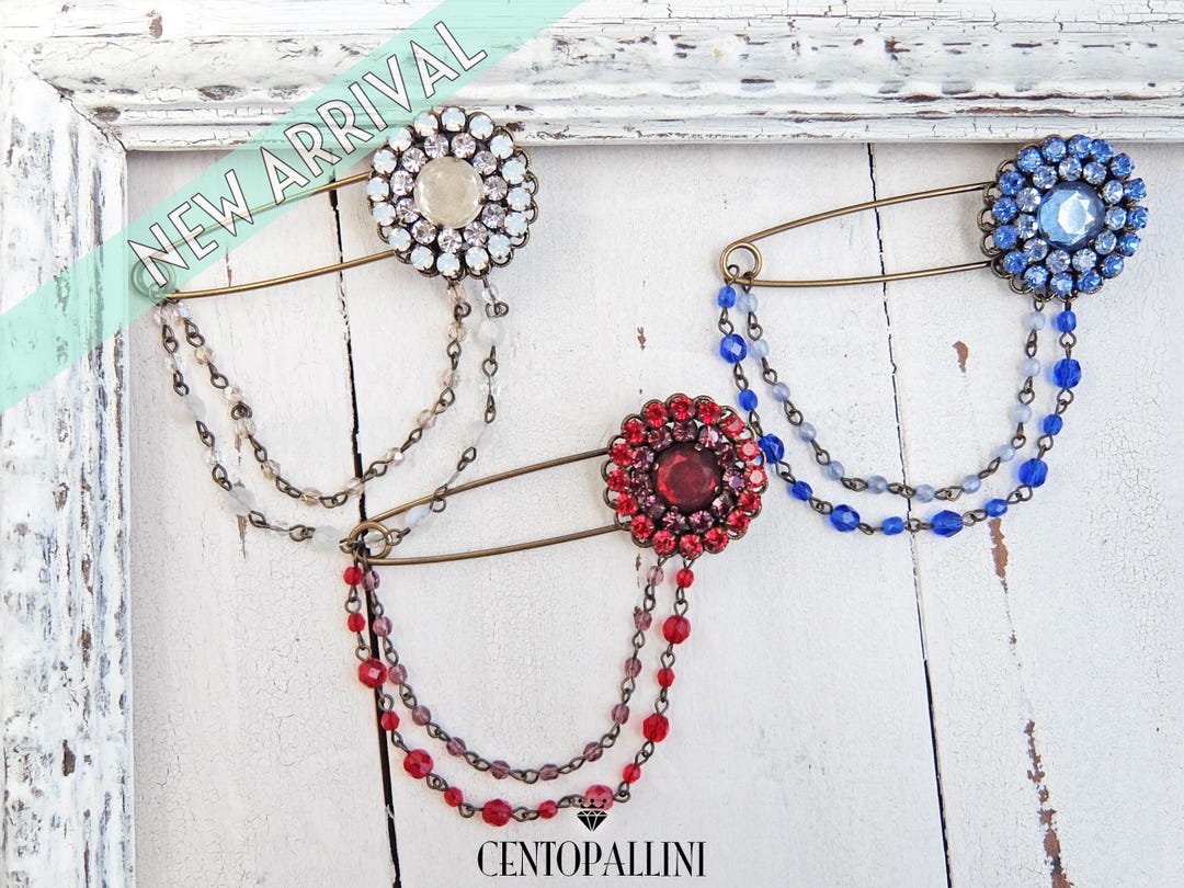 Swarovski Crystal Rhinestones Pin Brooch, Safety-pin Type Brooch With Hanging Glass Beads, Gift ...