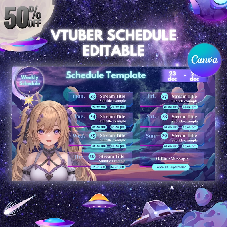 Vtuber Schedule Template Canva | Weekly Stream Planner | Digital ...