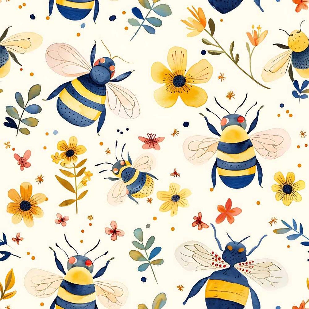 Watercolor Cute Bees and Flowers Pattern 5 Quilting Cotton Fabric - Etsy
