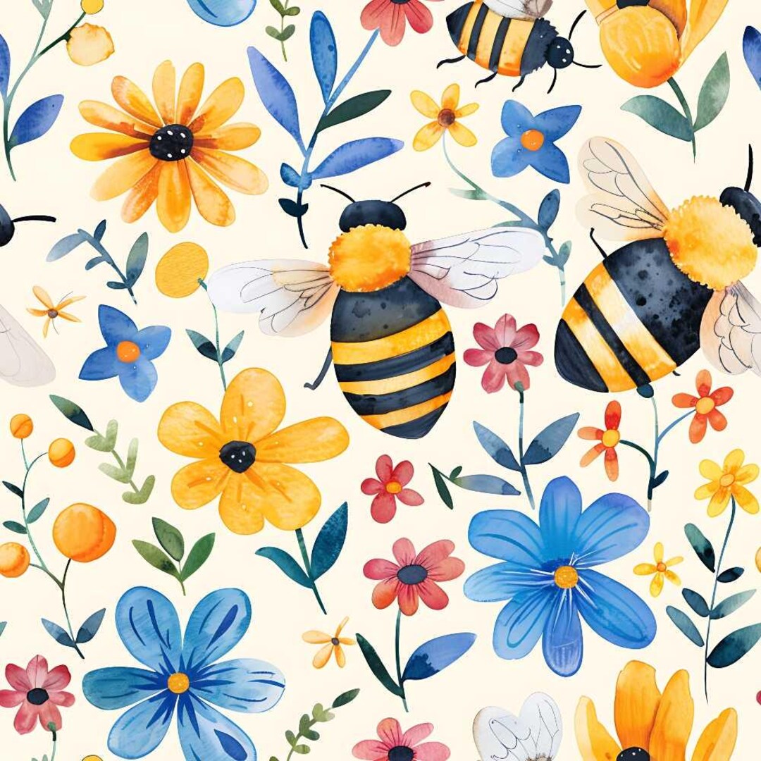Watercolor Cute Bees and Flowers Pattern 1 Quilting Cotton Fabric - Etsy