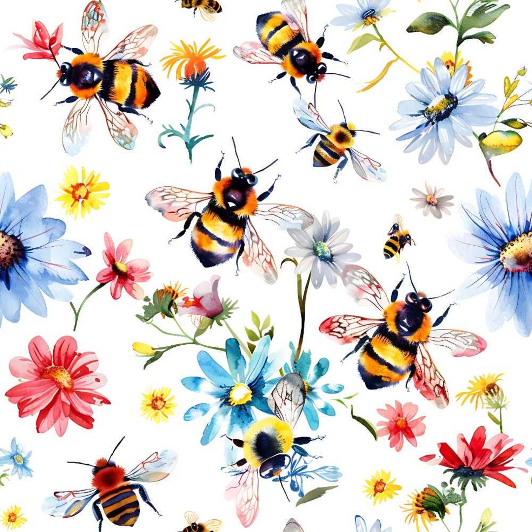 Watercolor Cute Bees and Flowers Pattern 13 Quilting Cotton Fabric - Etsy