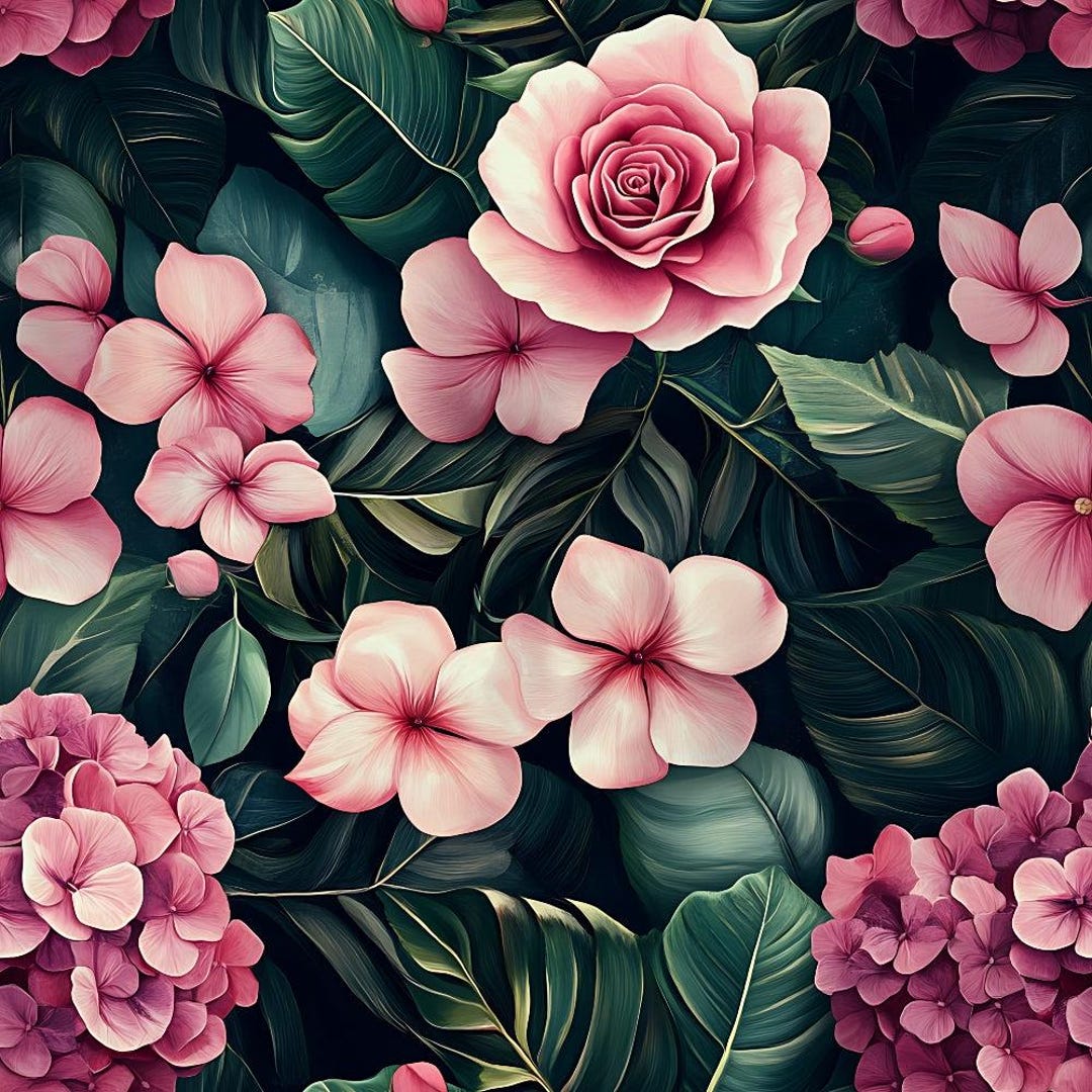Pink Flowers and Tropical Leaves Pattern 15 Quilting Cotton Fabric - Etsy