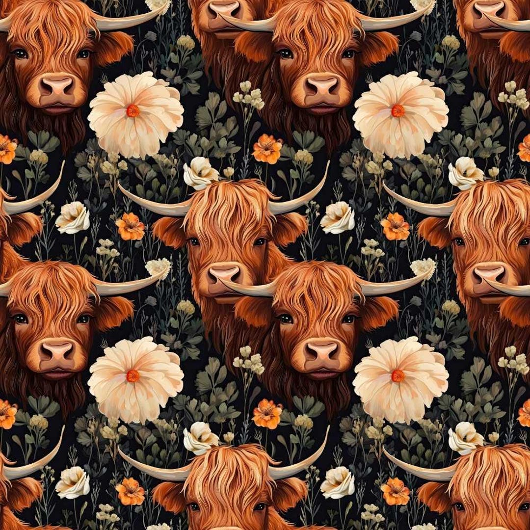 Floral Highland Cows Pattern 8 Quilting Cotton Fabric - Etsy