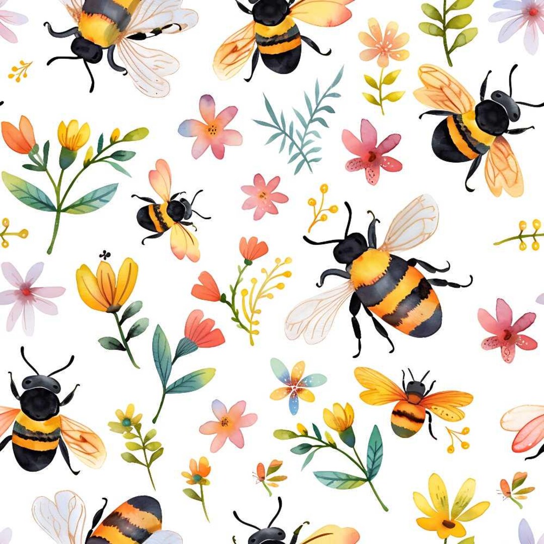 Watercolor Cute Bees and Flowers Pattern 2 Quilting Cotton Fabric - Etsy