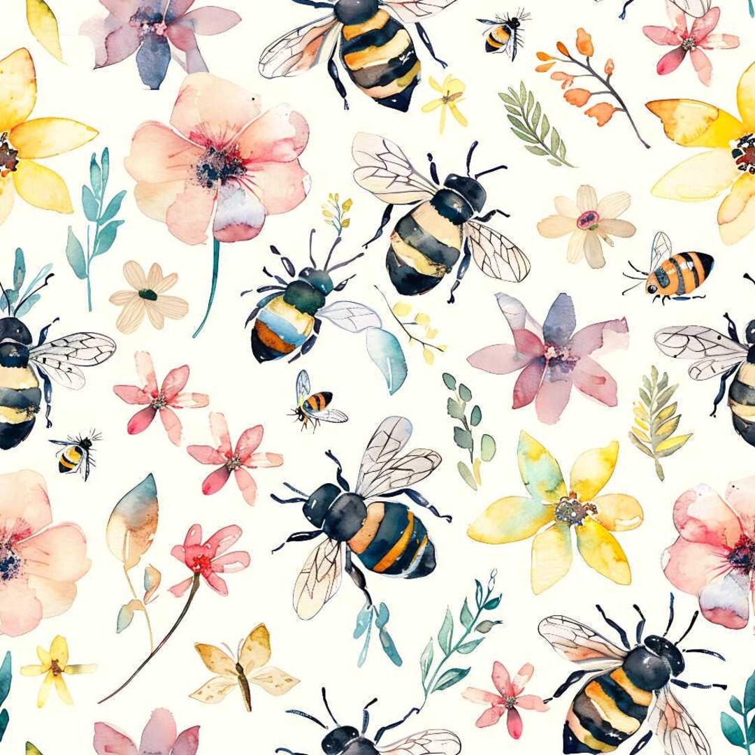 Watercolor Cute Bees and Flowers Pattern 8 Quilting Cotton Fabric - Etsy