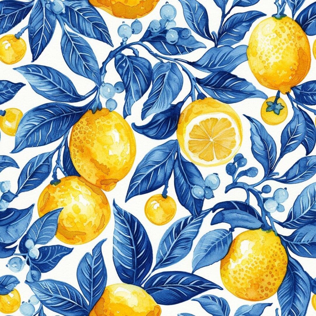Azulejo Lemons With Blue Leaves Pattern 8 Quilting Cotton Fabric - Etsy