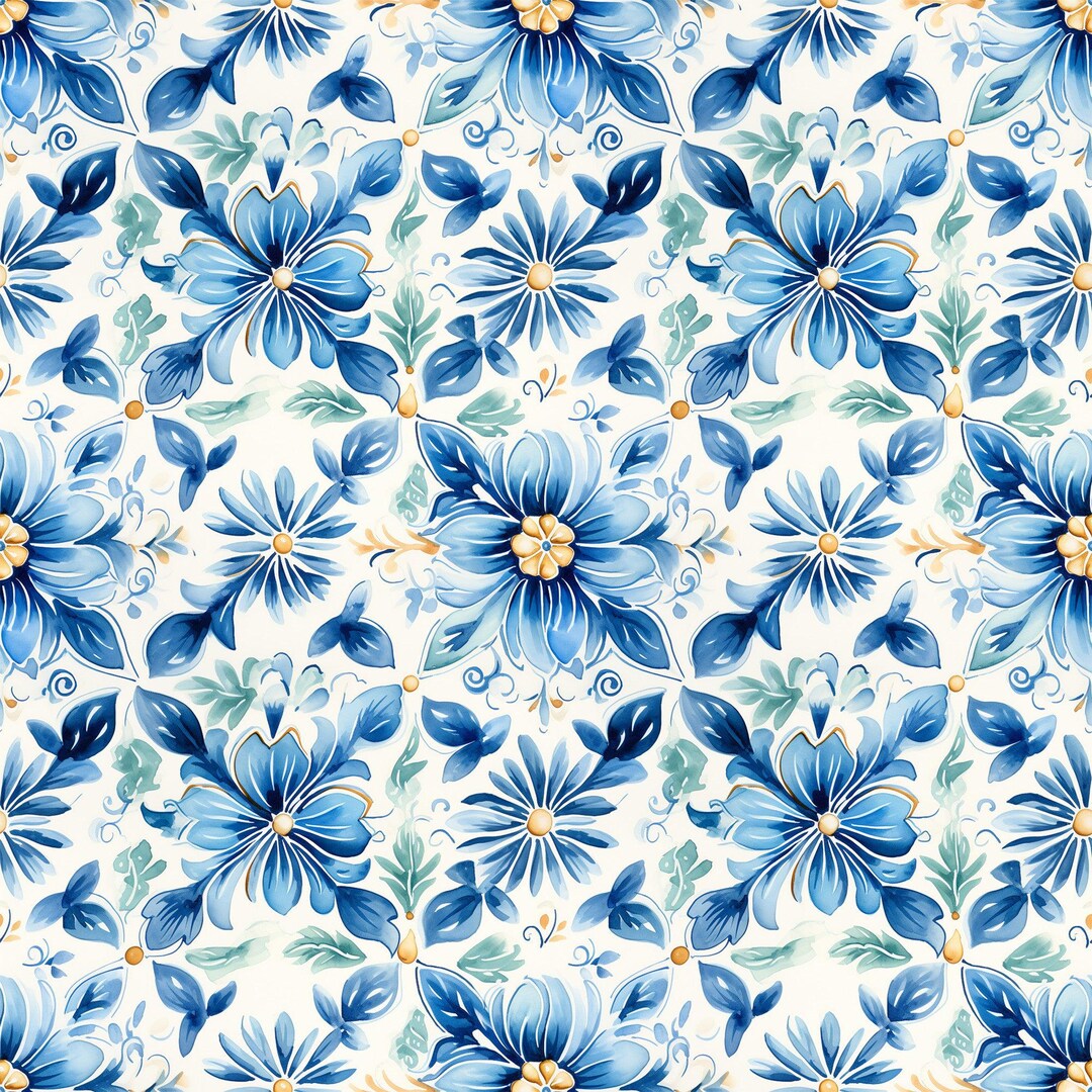 Blue Handpainted Tiles Pattern 1 Quilting Cotton Fabric - Etsy