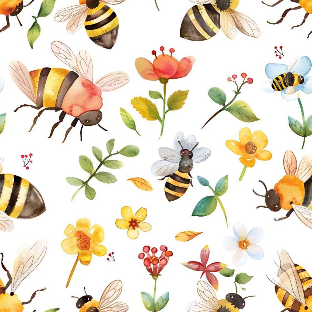 Watercolor Cute Bees and Flowers Pattern 4 Quilting Cotton Fabric - Etsy