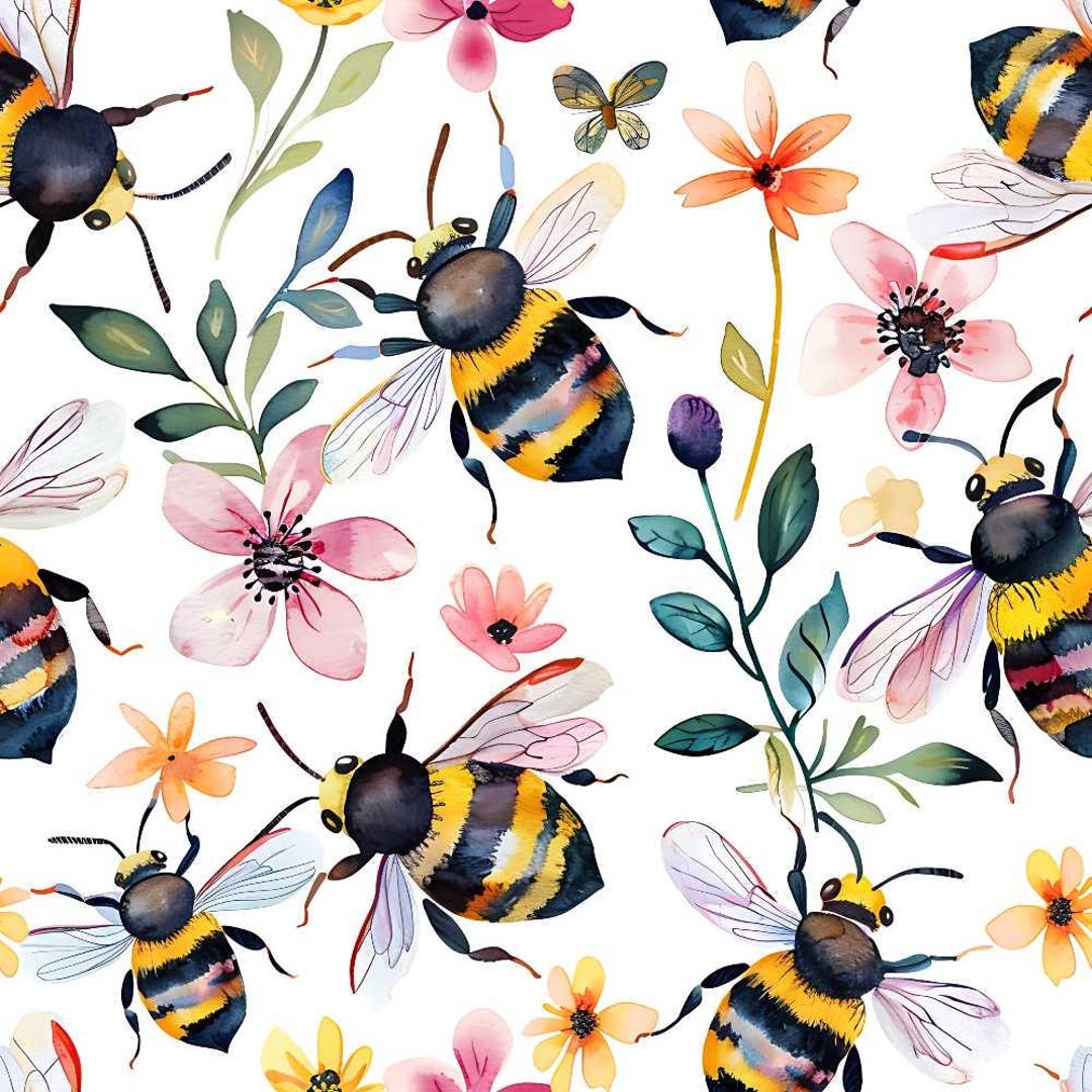 Watercolor Cute Bees and Flowers Pattern 14 Quilting Cotton Fabric - Etsy