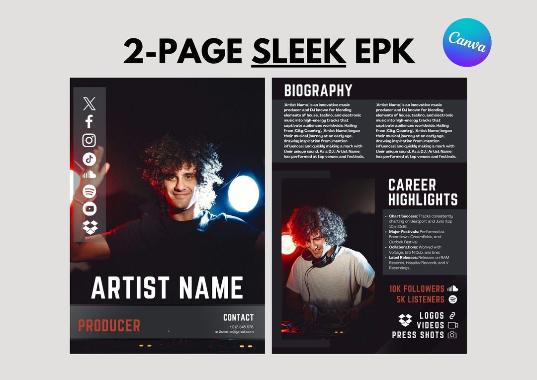 2-page "sleek" EPK Template | Instant PDF Download - Etsy