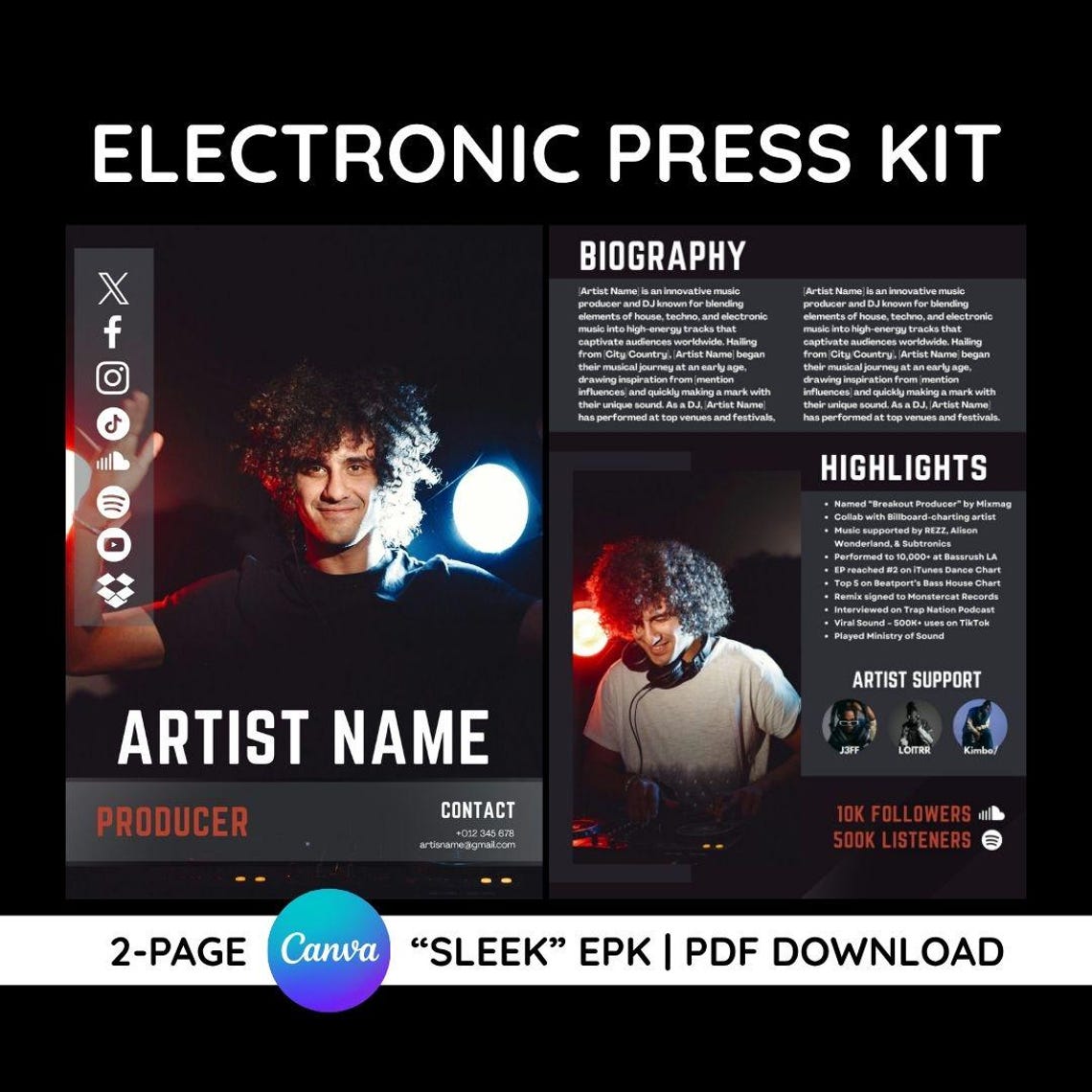 2-page "sleek" EPK Template | Instant PDF Download - Etsy