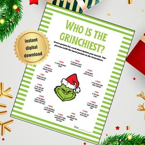 Who's the Grinchiest Printable Grinch Party Game for Adults, Kids Grinch Xmas Activity, Digital ...