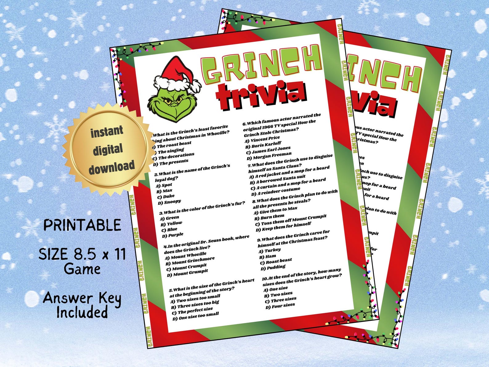 Christmas Game Printable Grinch Trivia Movie Digital 8.5x11 Grinch ...