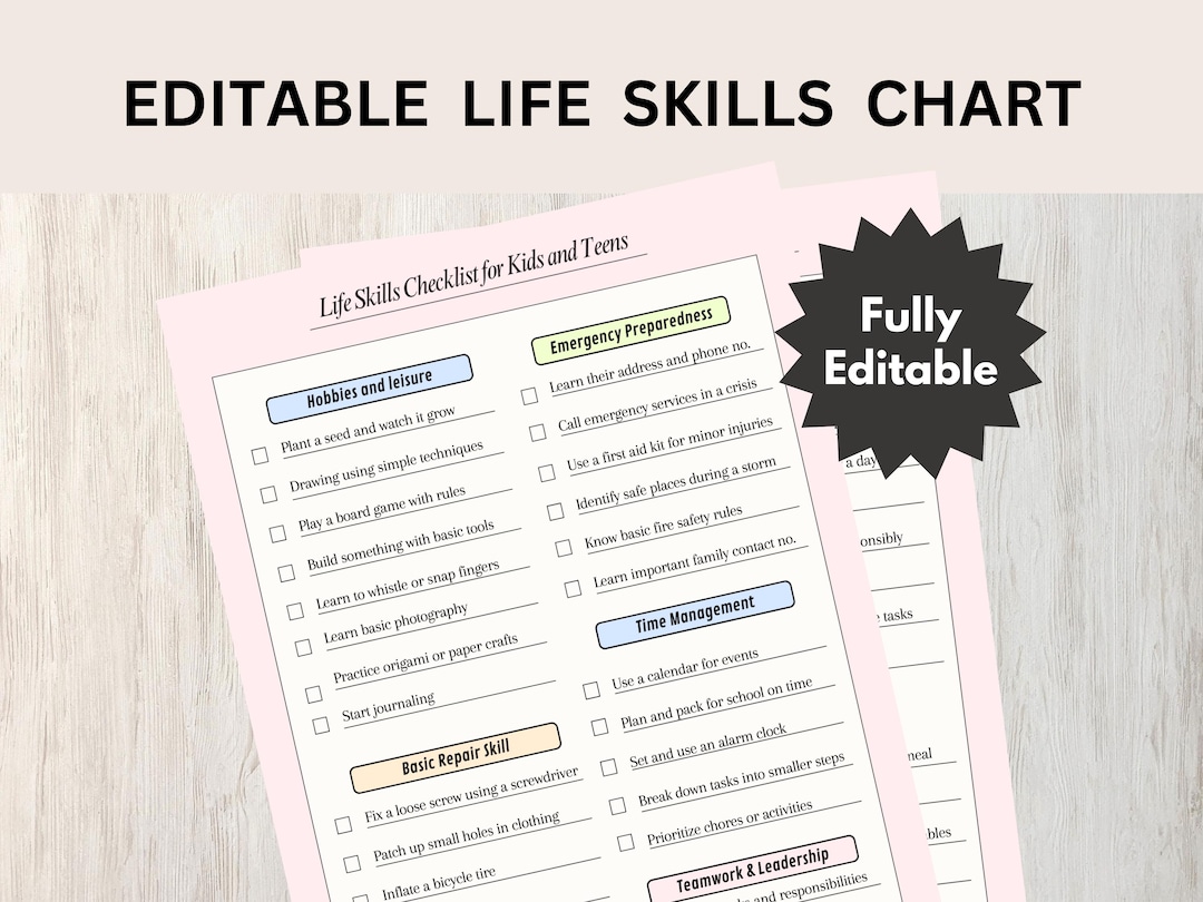 Editable Life Skills Checklist, Life Skills for Kids & Teens ...