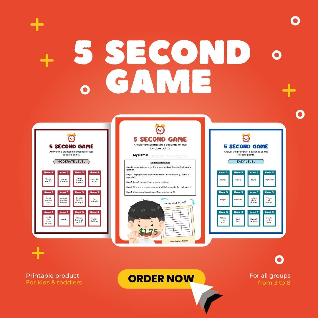 Printable 5 Second Game for Kids, Easy to High Level Category Game for ...