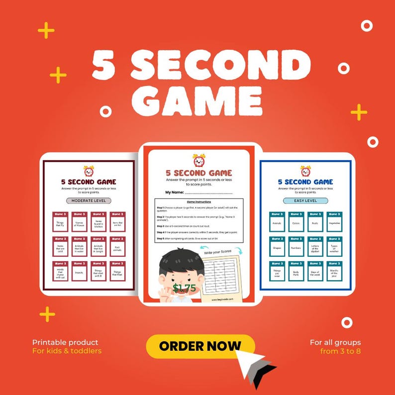 Printable 5 Second Game for Kids, Easy to High Level Category Game for ...