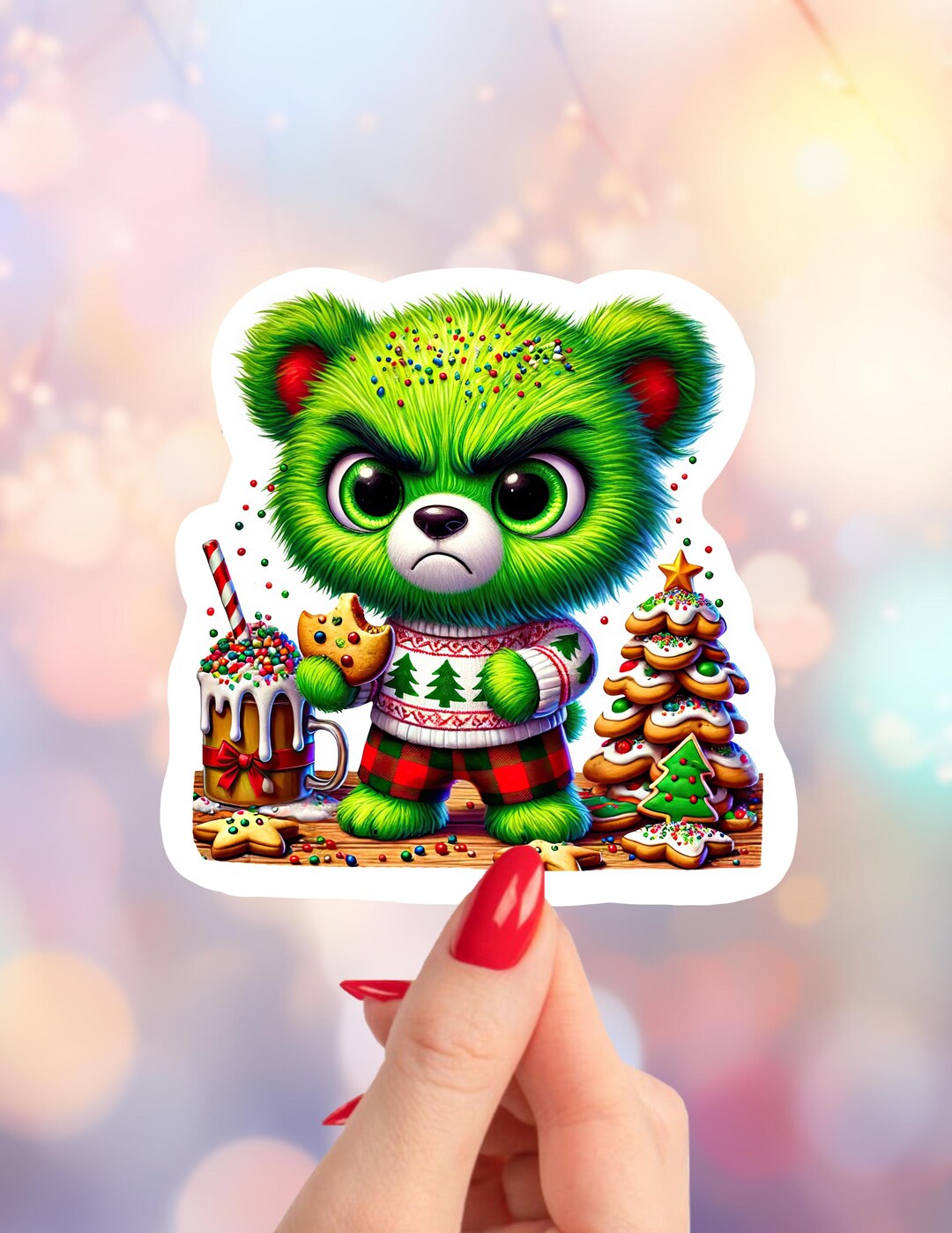 Grumpy Green Grinch Teddy Bear Sticker Eating Christmas Cookies 2x2 ...