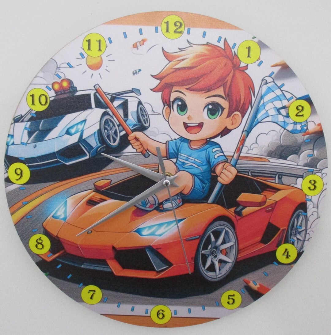 Car Themed Wall Clock for Kids Fun Racing Car Clock Kids Room Gift ...