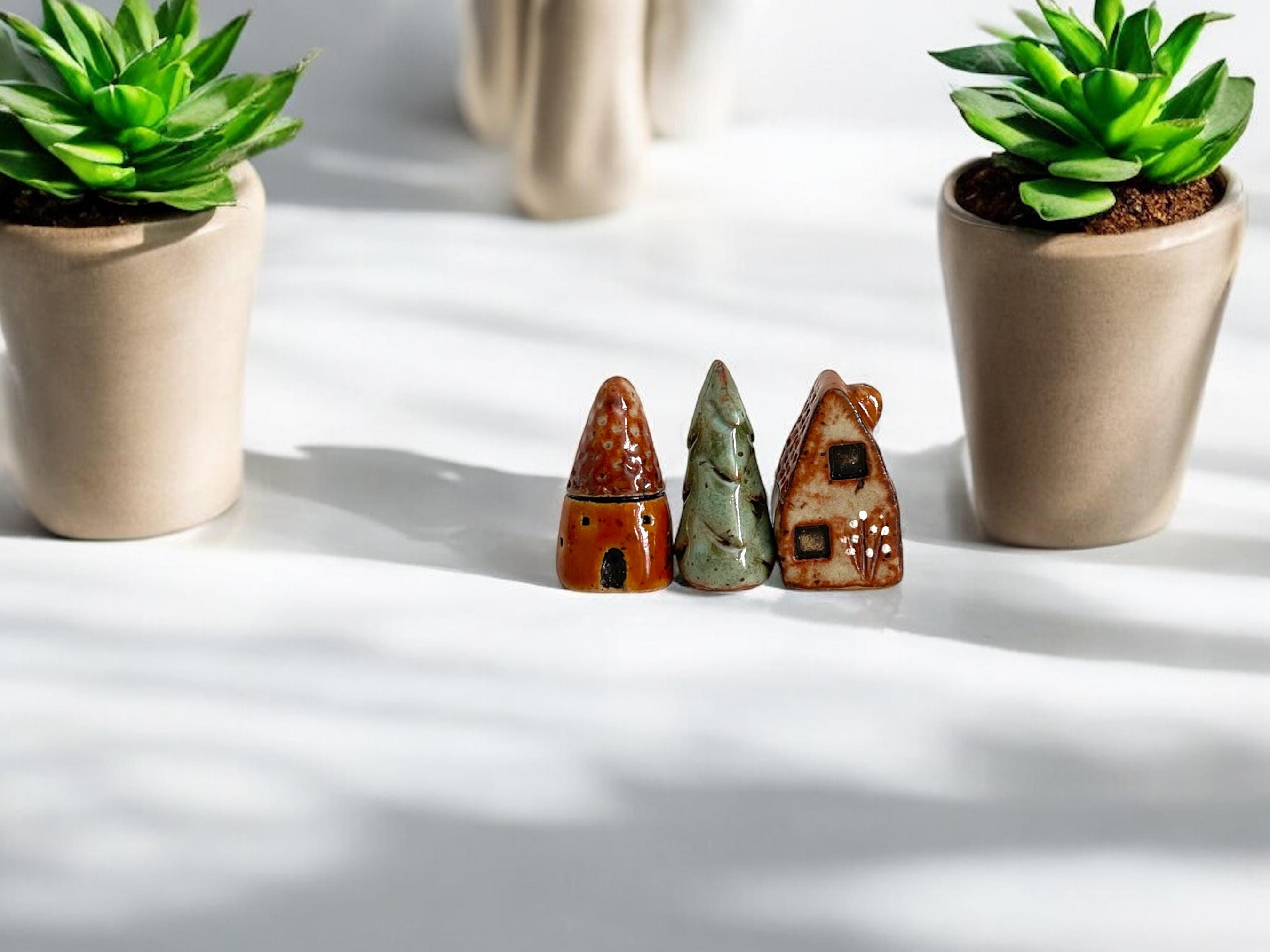 Set of 3 Handmade Mini Ceramic Houses and Tree Tiny Ceramic Houses Mini ...
