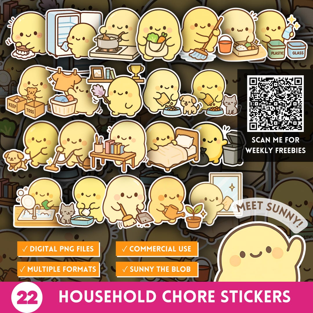 Kawaii Sunny Household Chore Stickers, Daily Tidy up Routine PNG, Cute ...