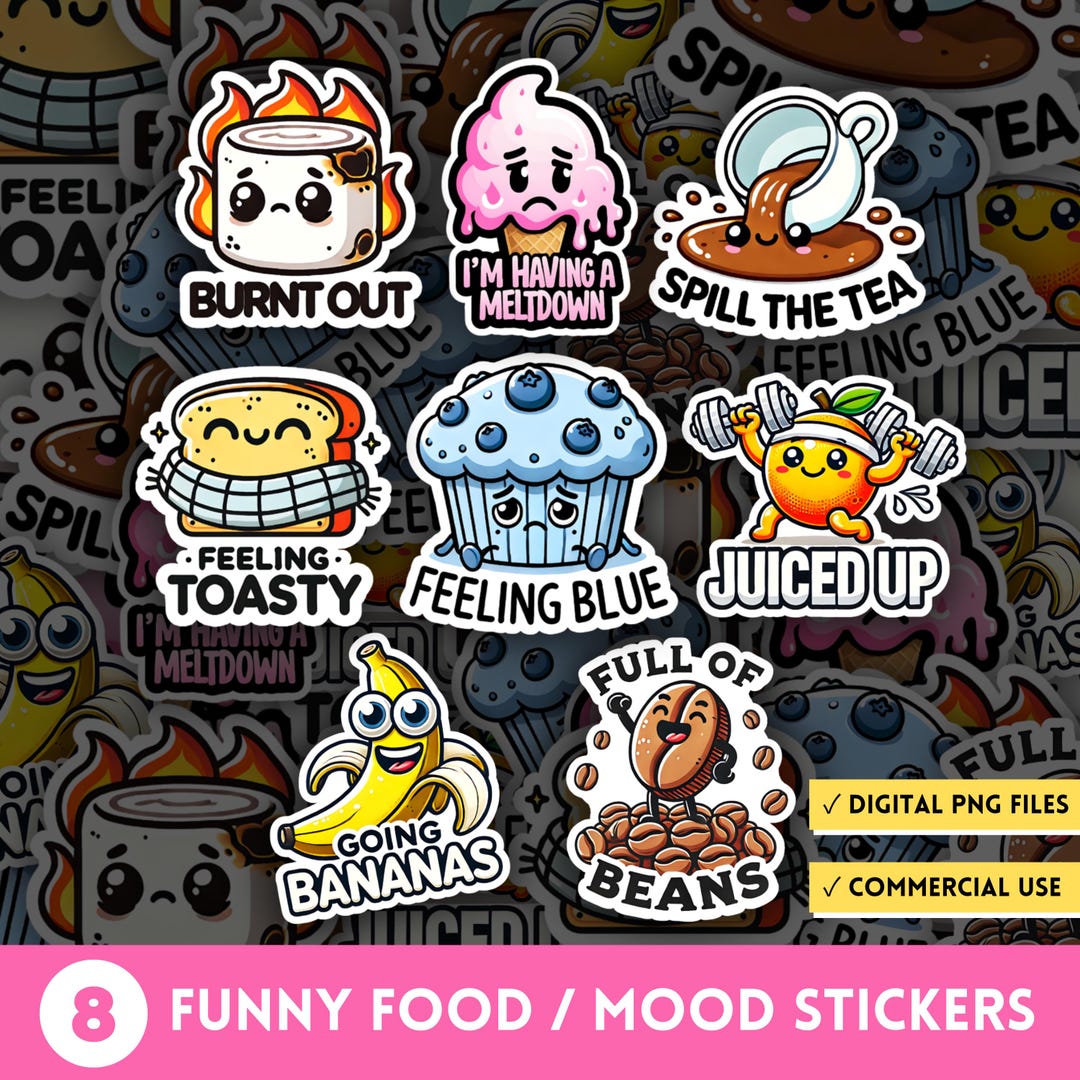 Funny Food Digital Mood Sticker Pack, Cute Cartoon Food Quote Clipart ...