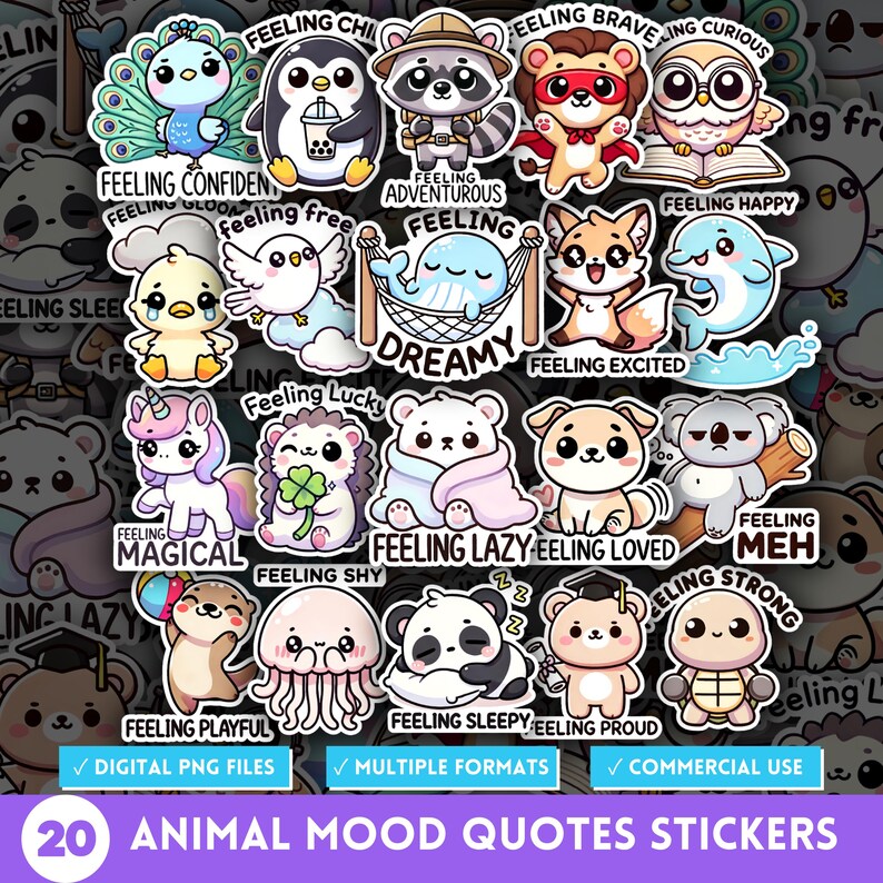 Kawaii Animal Mood Quotes PNG Stickers, Face Emotion Clipart, Cute ...