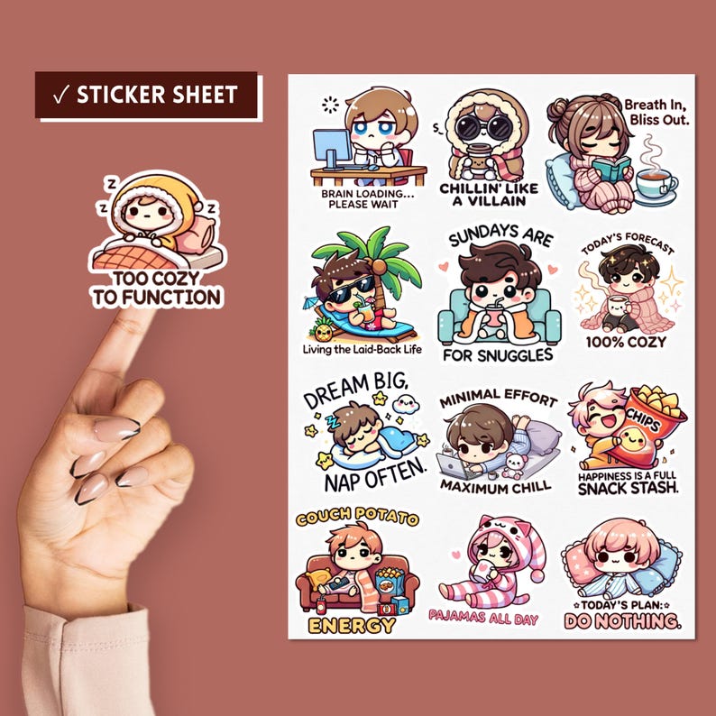 Aesthetic Comfy Cozy and Sleepy Sticker PNG Bundle, Lazy Day Clipart ...