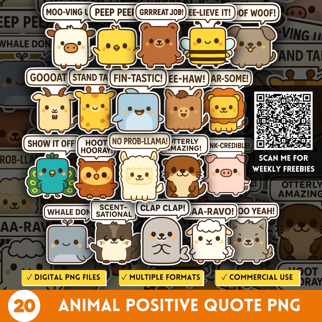 Animal Puns Positive Quote PNG Stickers, Cute Square Face Animal ...