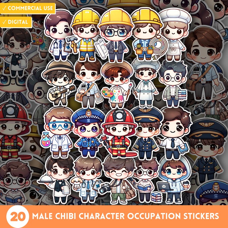Male Chibi Character Occupation Stickers PNG, Inspiring Kawaii Sticker ...