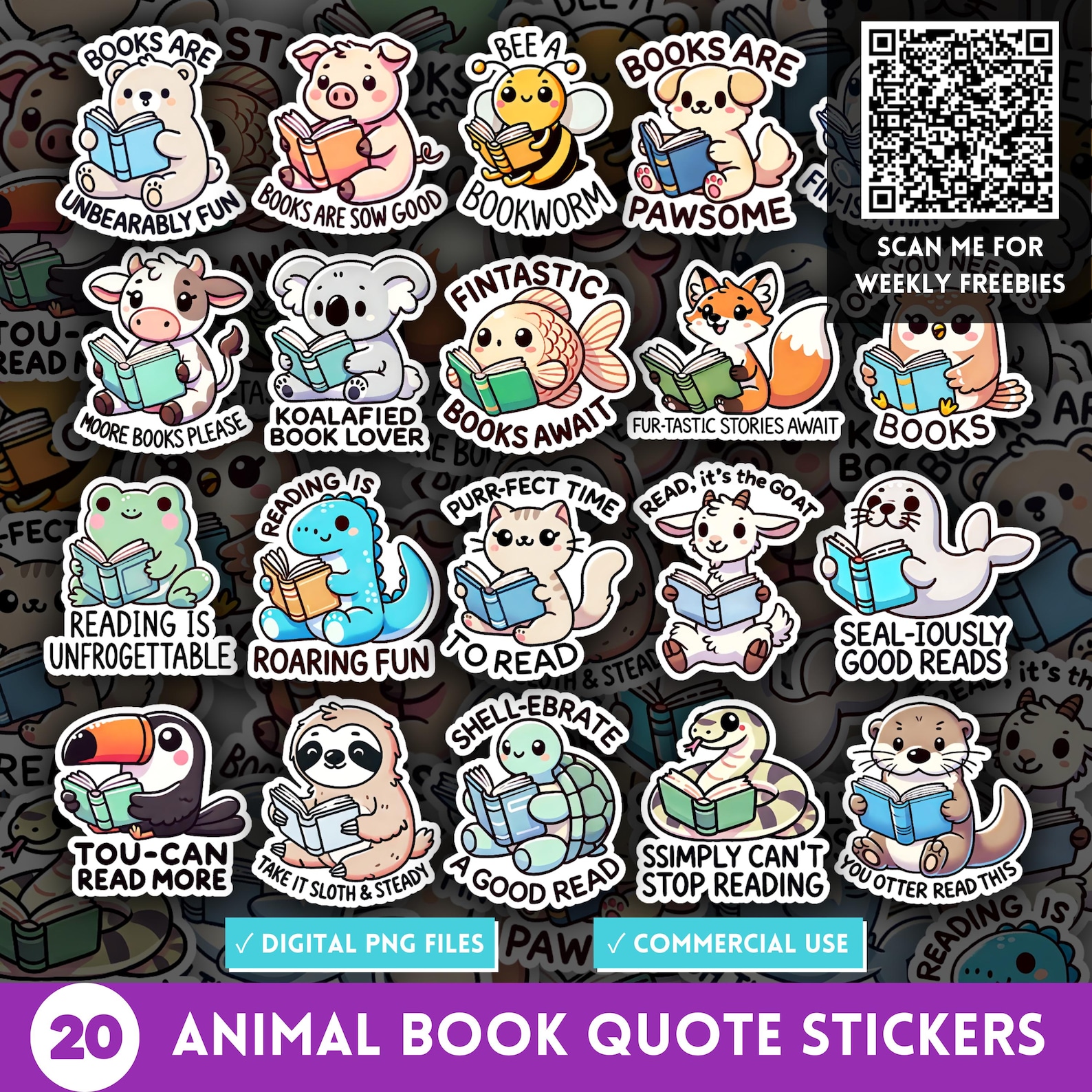 Funny Animal Book Quote Pun PNG Stickers, Bookish Reading Clipart ...