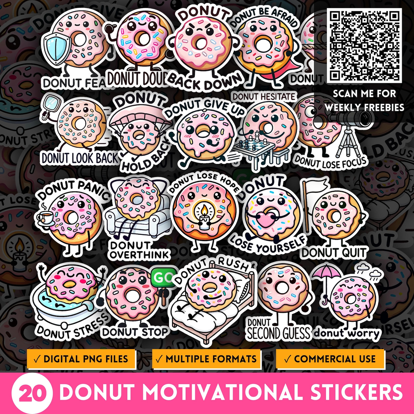 Kawaii Donut Food Pun Motivational PNG Stickers, Cartoon Self Care ...