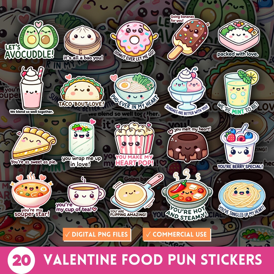 Valentine Food Pun Stickers, Holiday Love Quotes Stickers, Kawaii ...