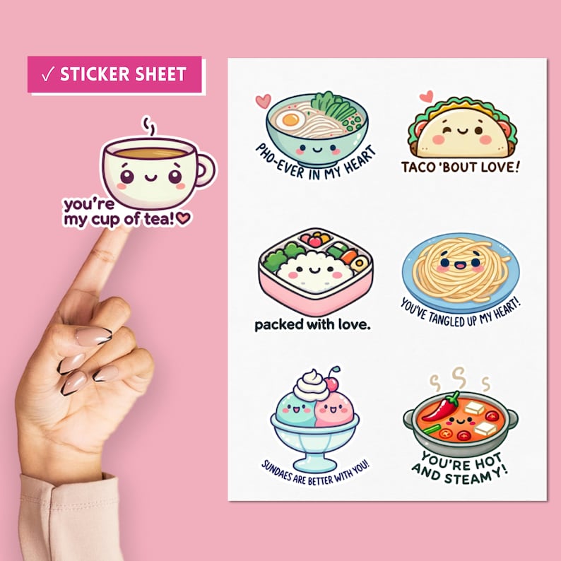 Valentine Food Pun Stickers, Holiday Love Quotes Stickers, Kawaii ...