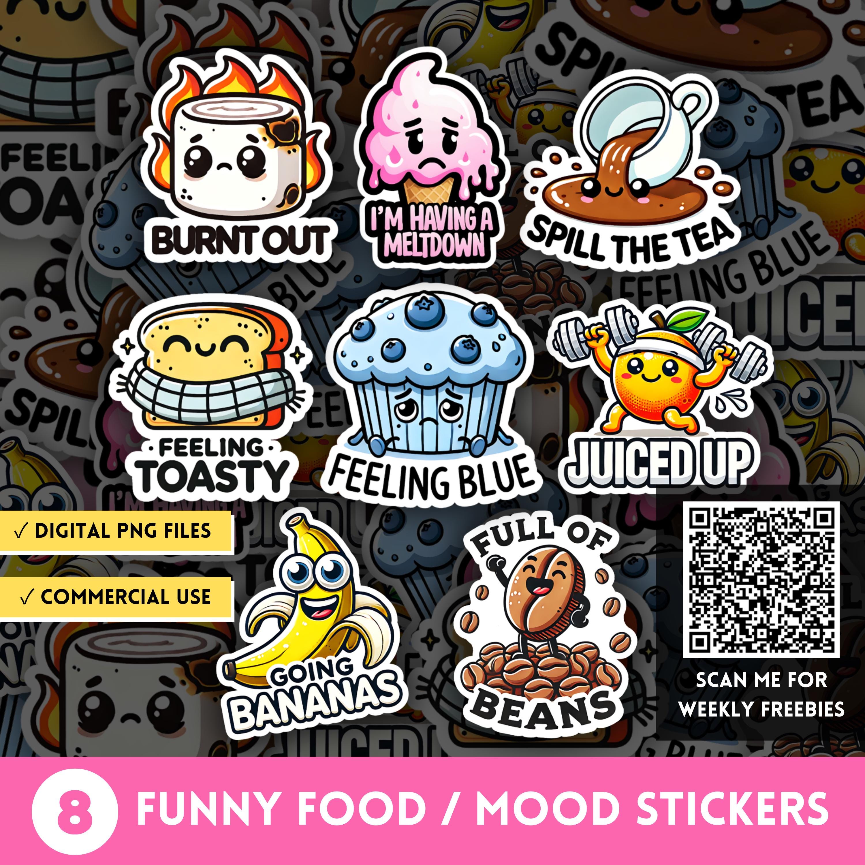 Funny Food Digital Mood Sticker Pack, Cute Cartoon Food Quote Clipart ...